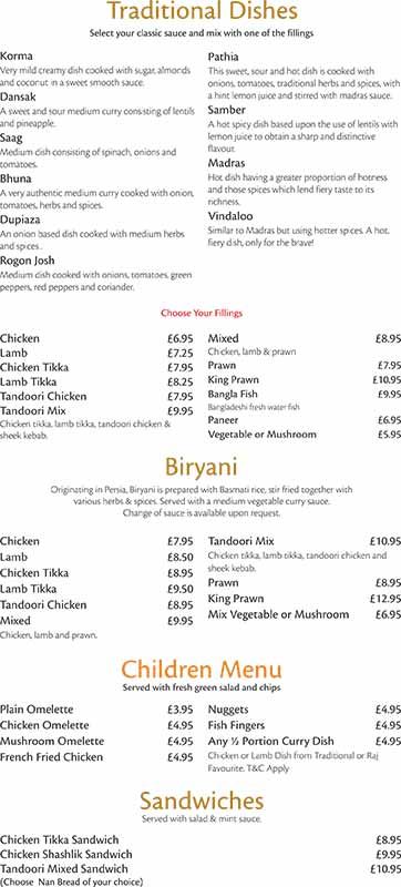 Menu - The Raj Wigan