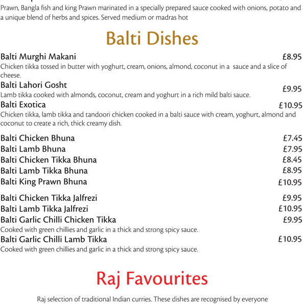 Menu - The Raj Wigan